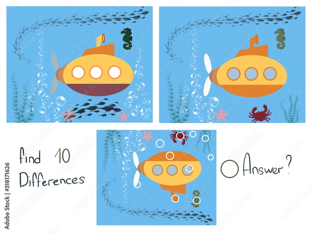 Find the differences. Find 10 differences. Underwater world and ...