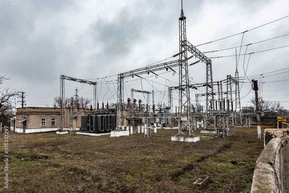 High voltage urban electrical substation with high voltage wires and ...