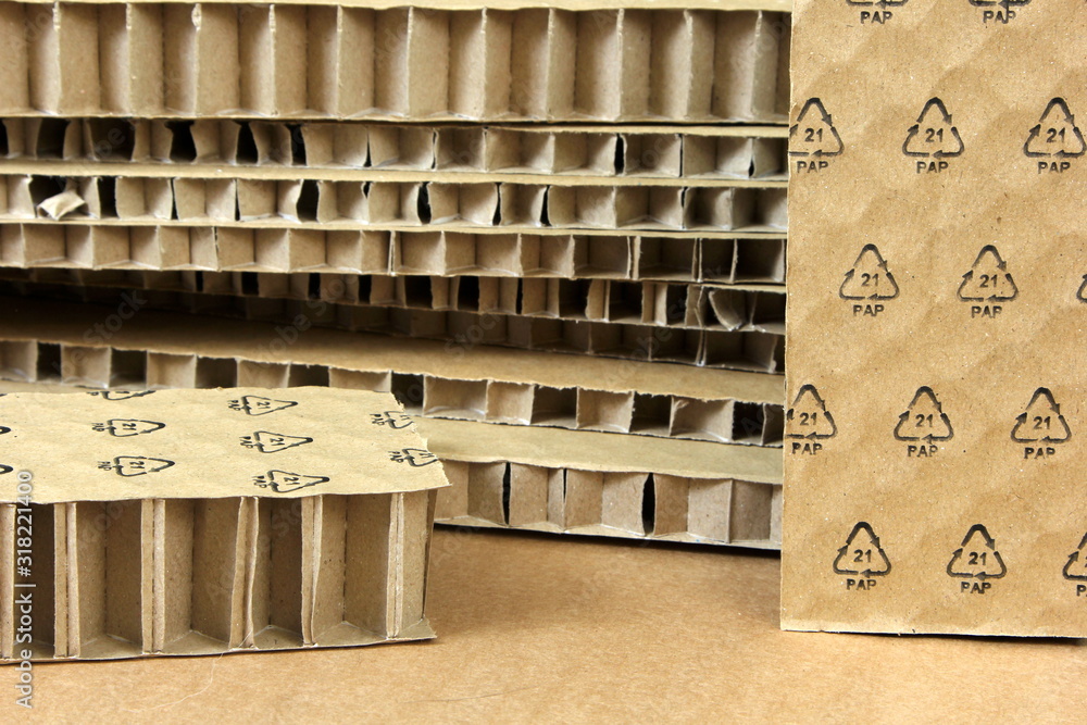 cardboard packaging. PAP 21 logo printed on a cardboard, paper recycle ...