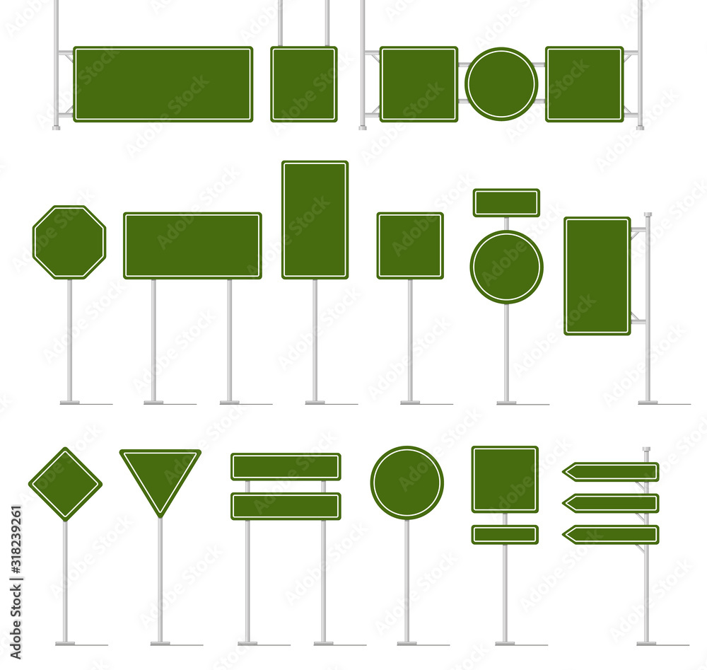 Road traffic signboard. Green blank traffic signs, empty direction sign ...