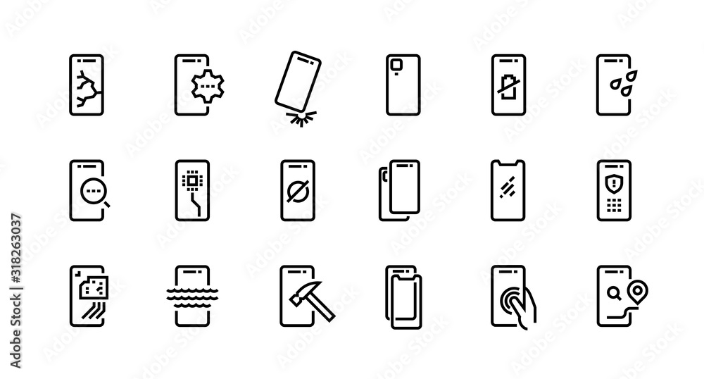 Smartphone repair icons. Dropped phone with cracked screen, broken ...