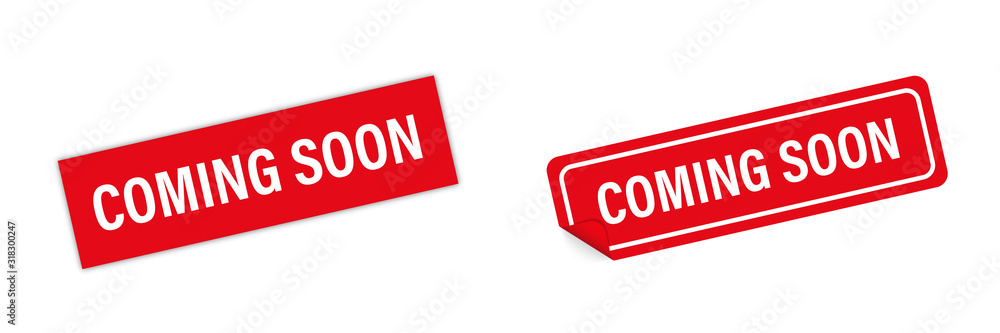 Red sticker coming soon vector isolated. Curved corner with shadows ...