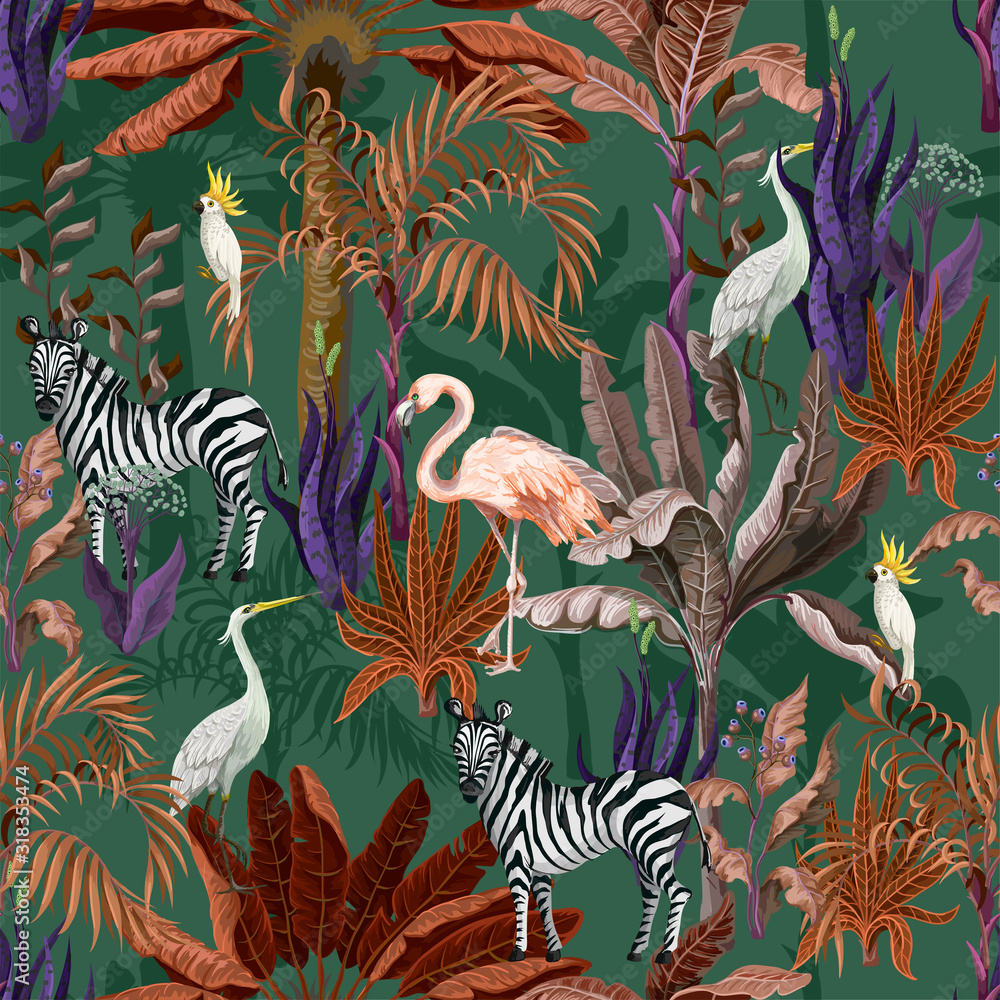 Seamless pattern with tropical animals in jungle. Vector. Stock Vector ...