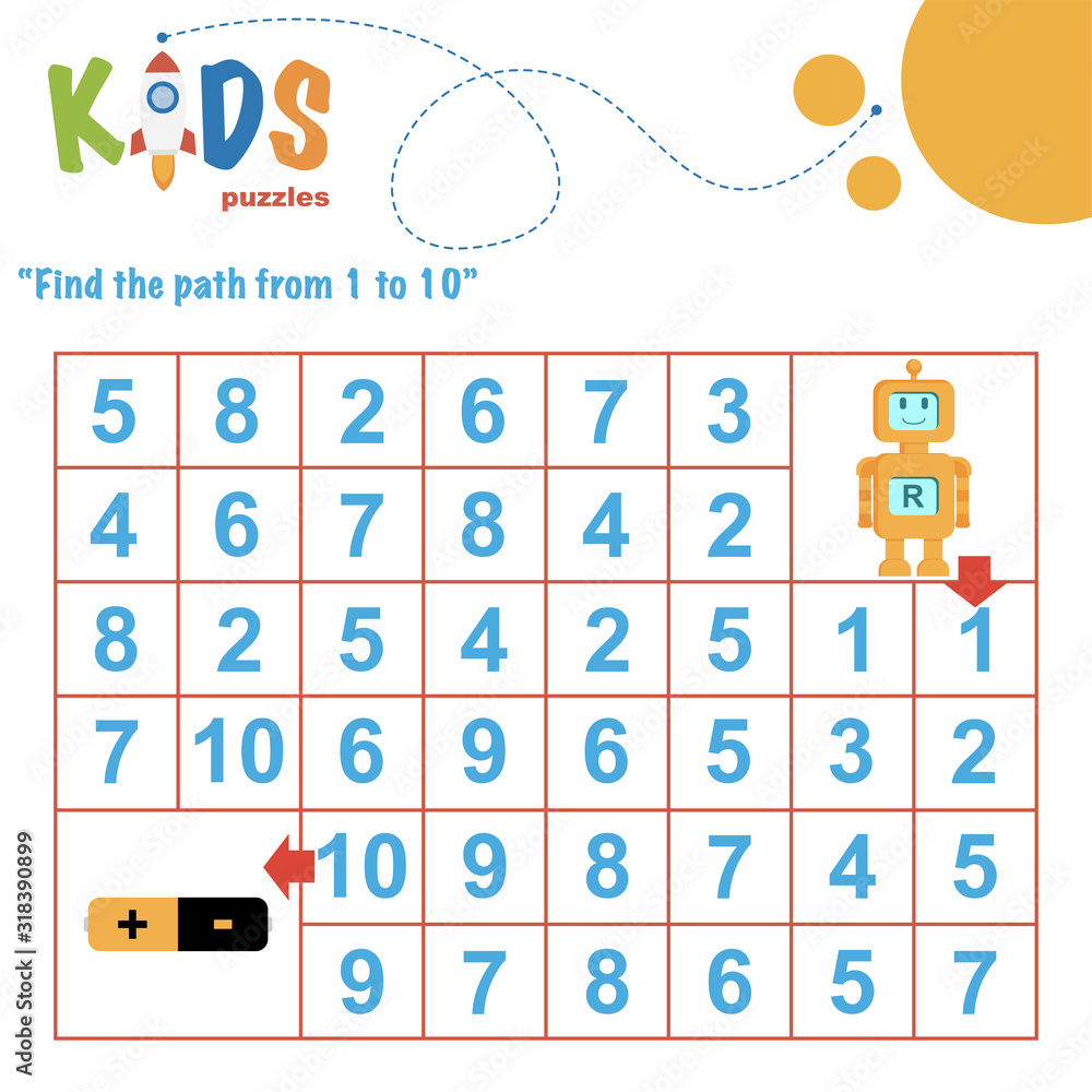 Find the path from 1 to 10. Easy colorful math worksheet practice for ...