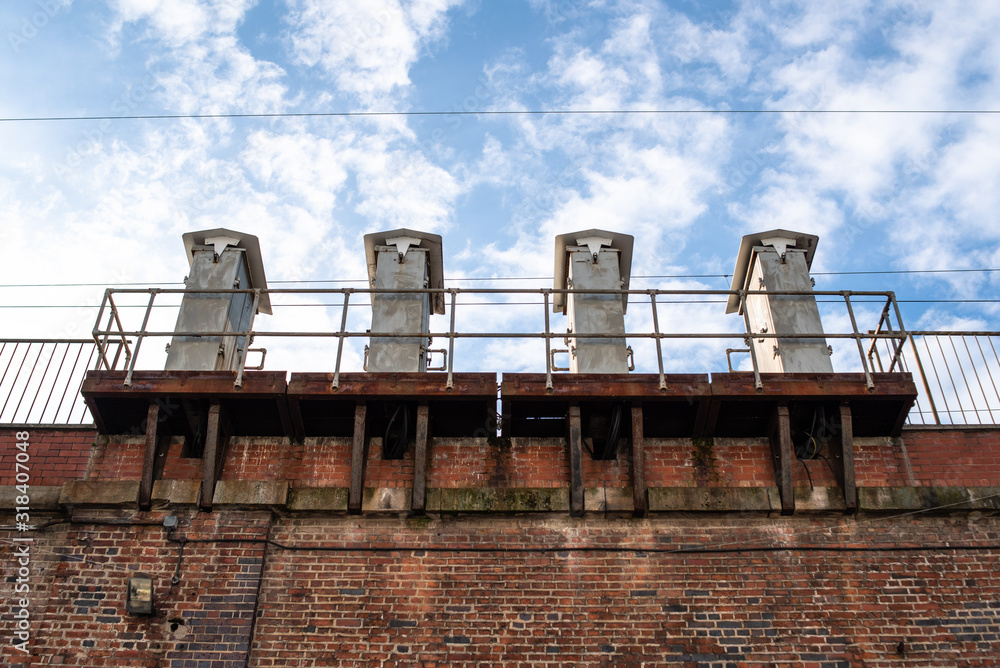 Old electricity breaker switch box train tracks manchester overpass red ...