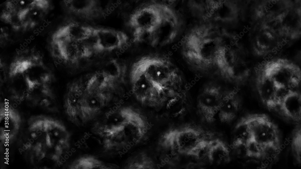 Dark faces of corpses the screaming. Black and white background ...