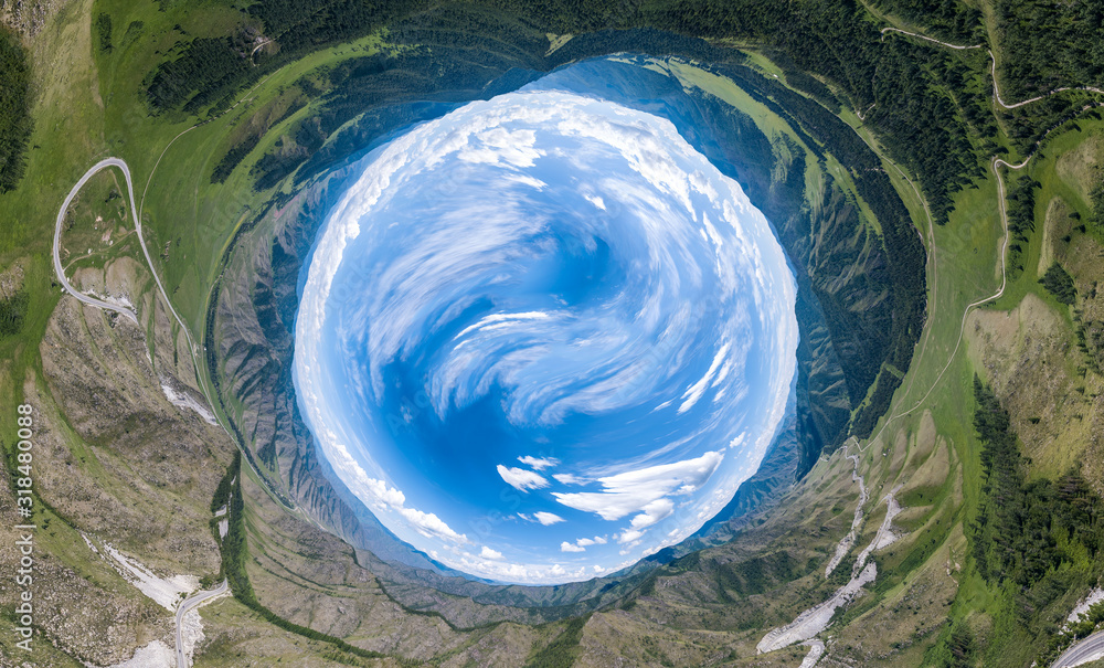 360 degree panoramic image of an abstract world turned inside out with ...