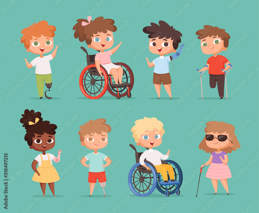 Disability children. Kids sitting in wheelchairs handicapped little ...
