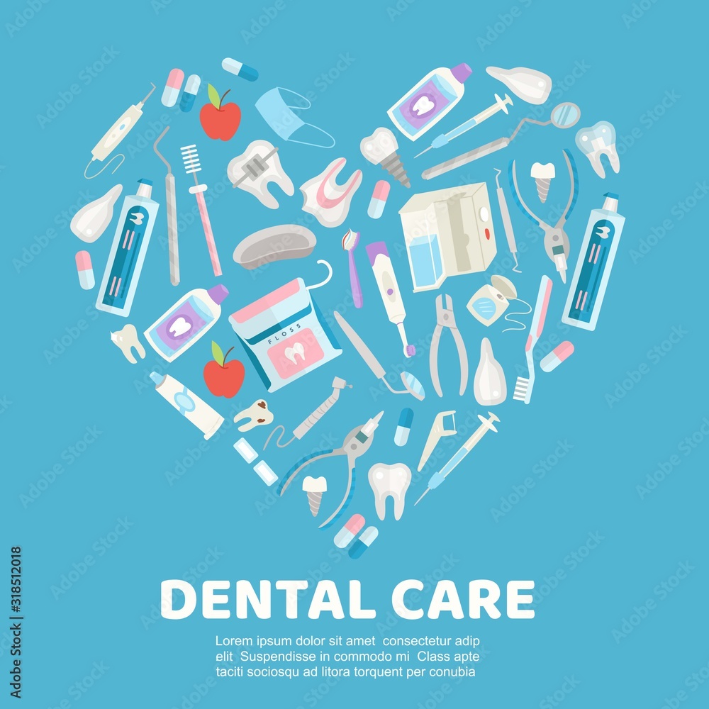 Dental care symbols in the shape of heart vector illustration. Dental ...