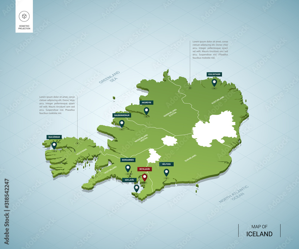 Stylized map of Iceland. Isometric 3D green map with cities, borders ...
