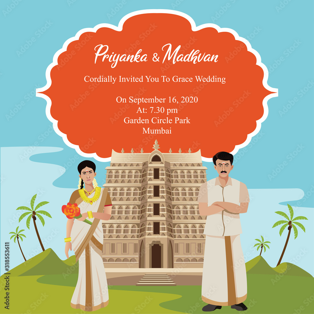 indian kerala wedding card invitation design template with temple ...