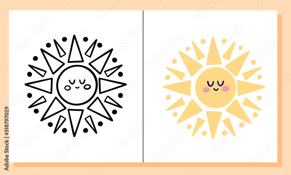Sun. Coloring pages. Cartoon cute summer elements. Black and white hand ...