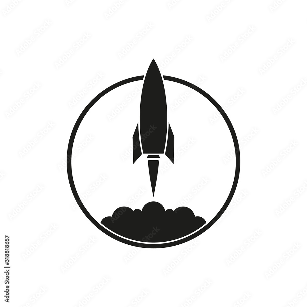 Vector icon of flying spaceship. Rocket ship logo taking off on a white ...