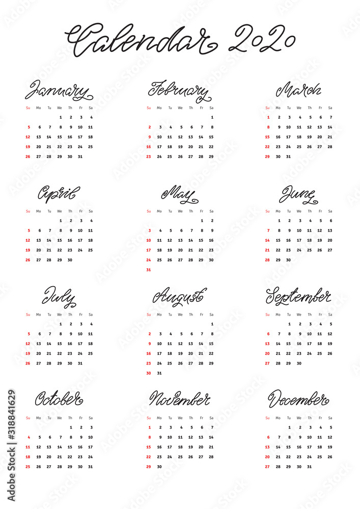 Monthly calendar 2020 template. Calendar with hand drawing lettering ...