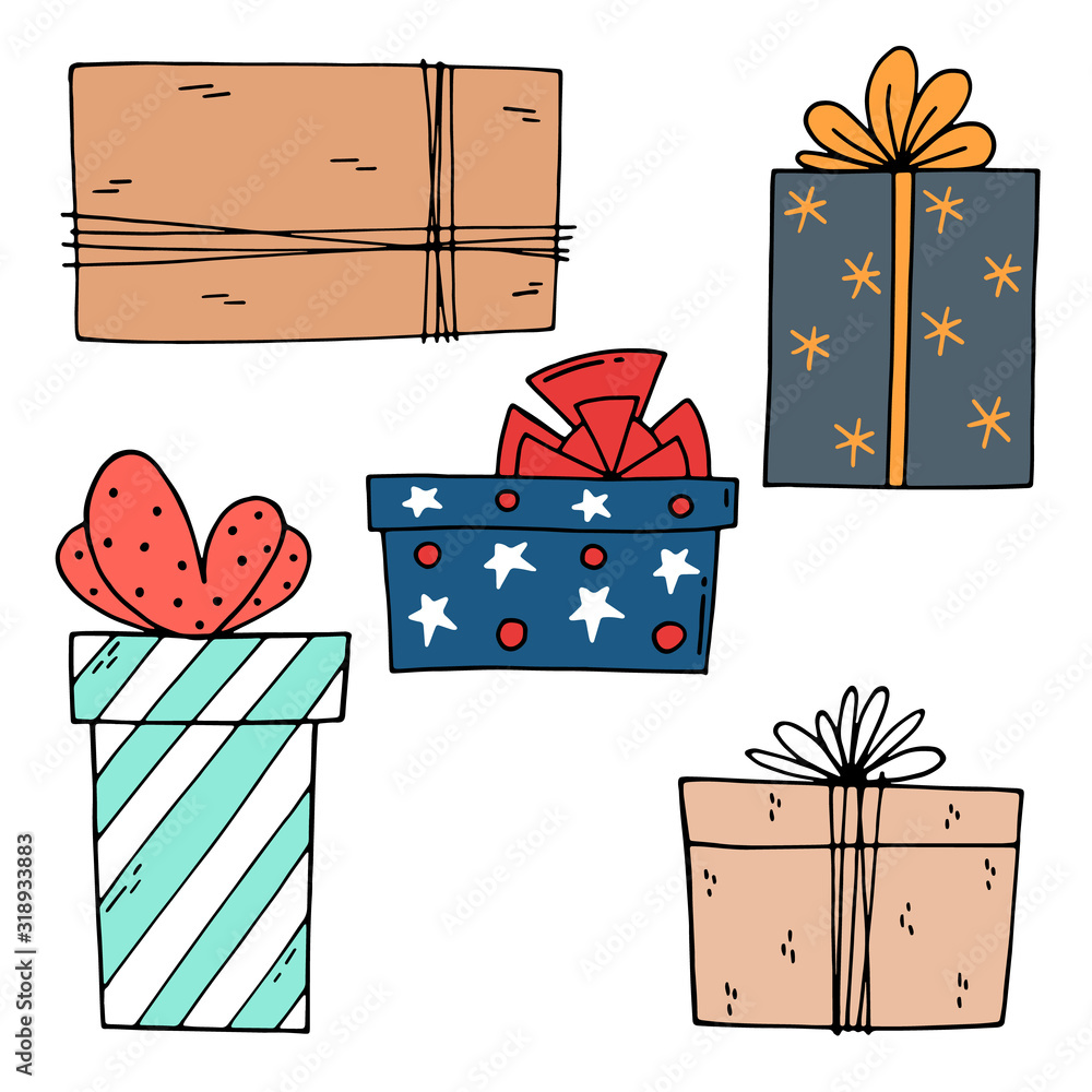 Collection of hand drawn colorful and cute gift boxes isolated on ...