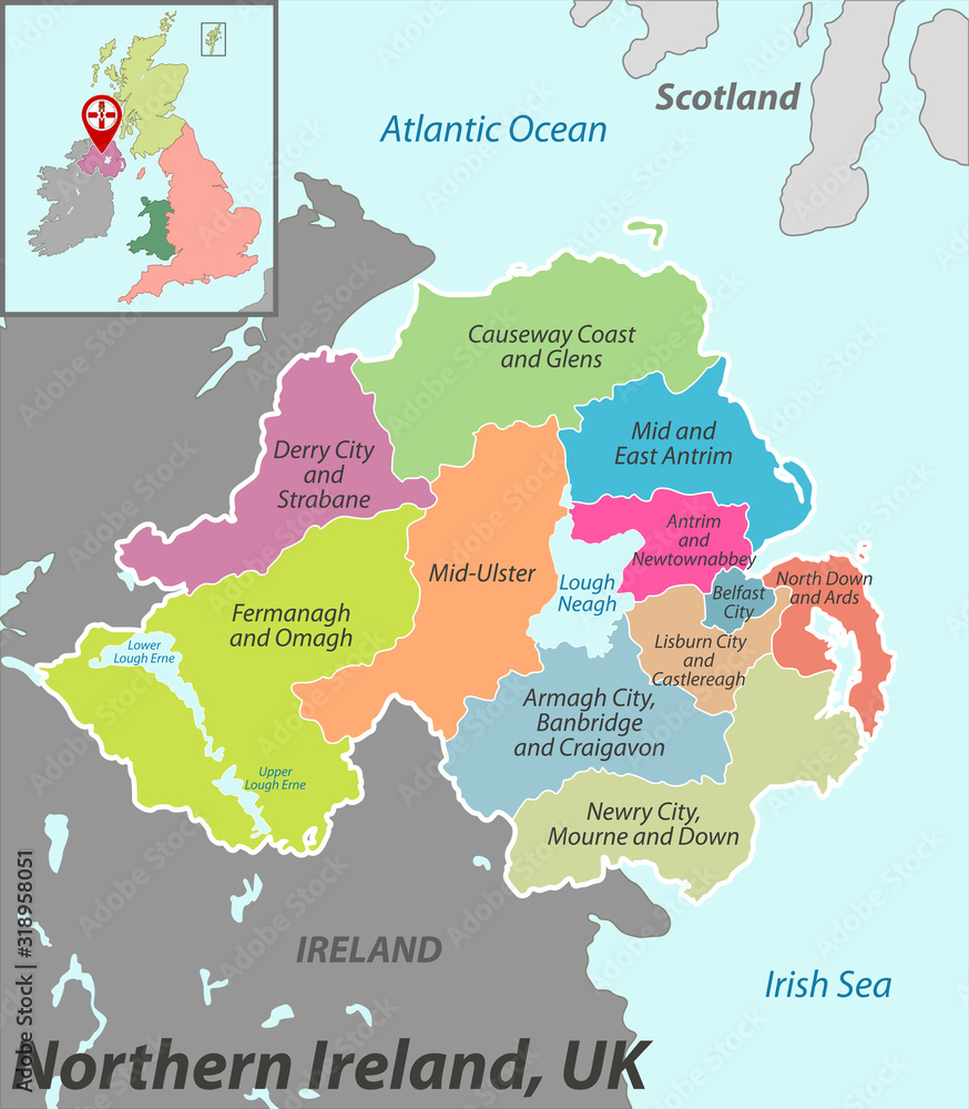 Map of Northern Ireland with Districts Stock Vector | Adobe Stock
