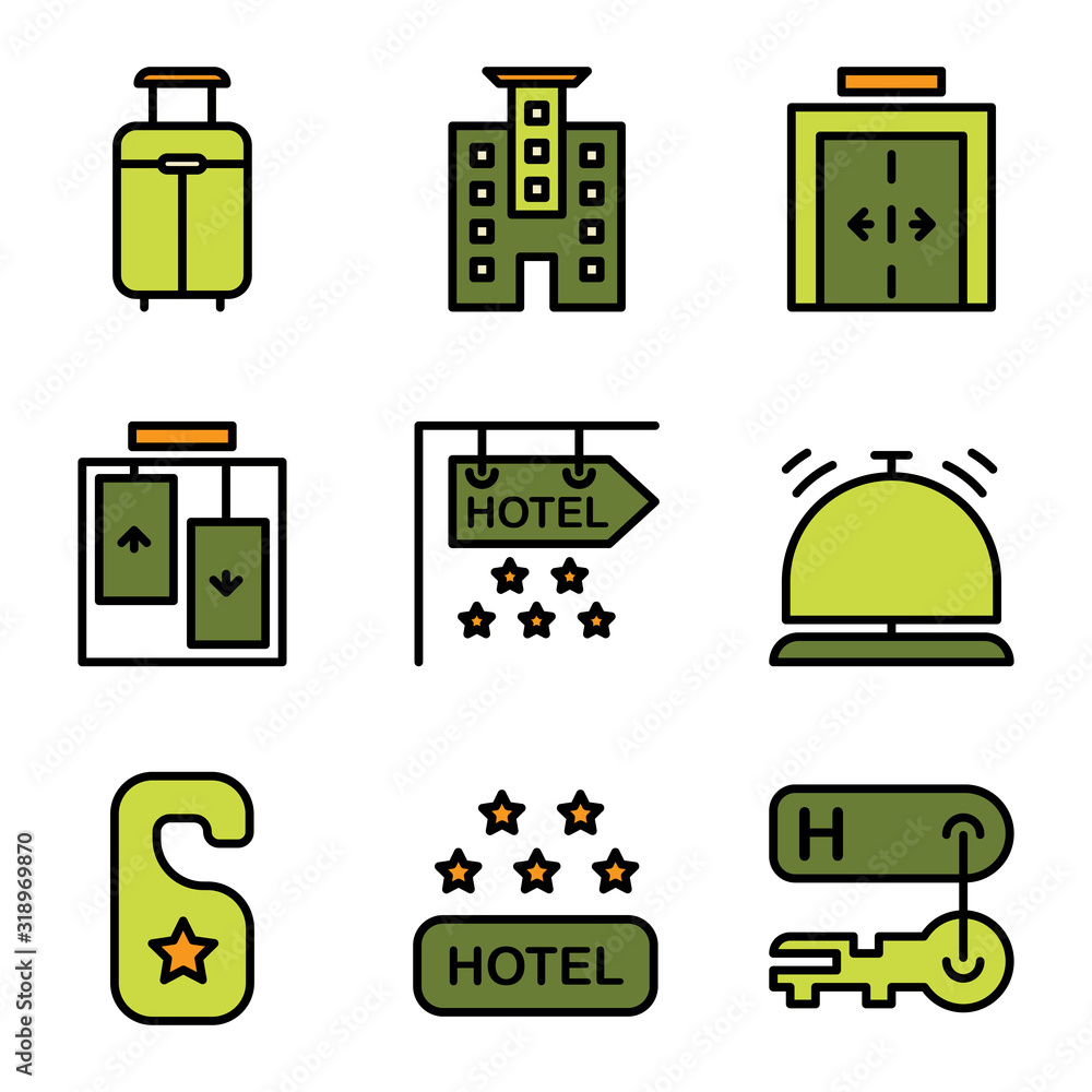 Hotel icon set include suitcase, luggage, bag, travel, hotel, apartment ...