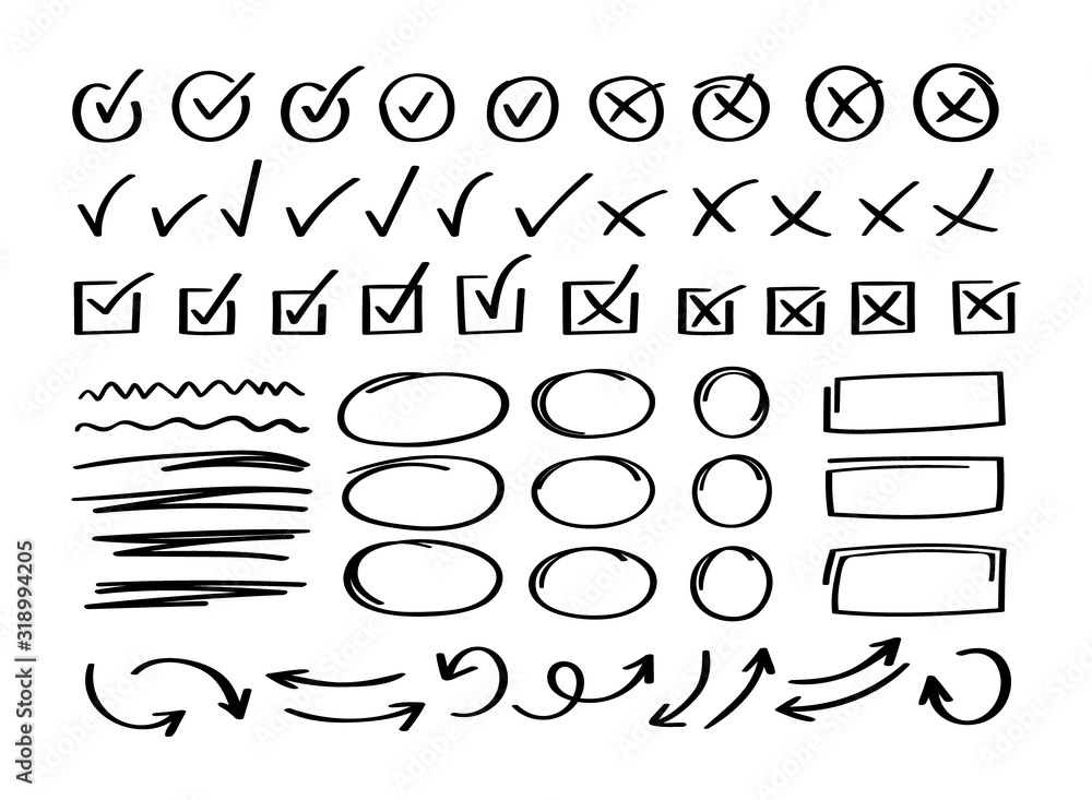 Super set hand drawn check mark with different circle arrows and ...