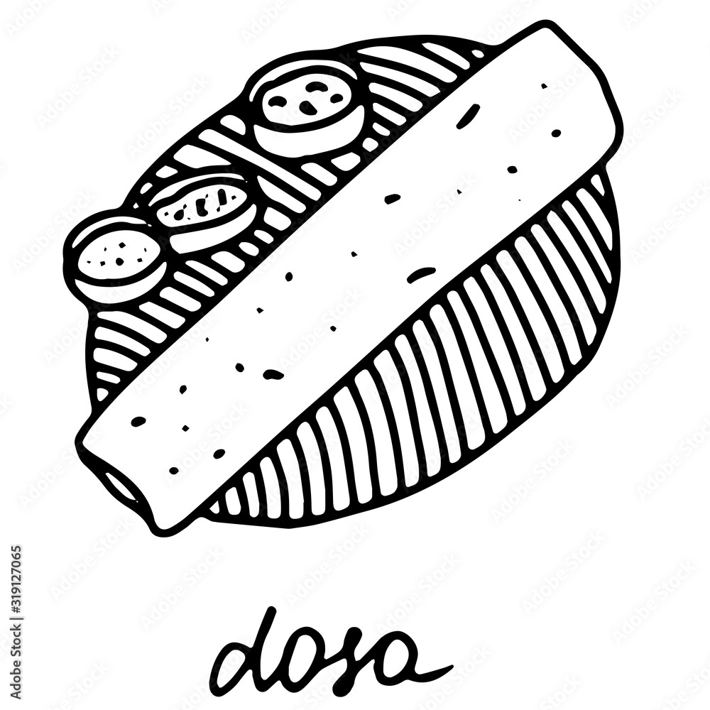 Hand drawn isolated indian food icon. Black outline illustration of ...