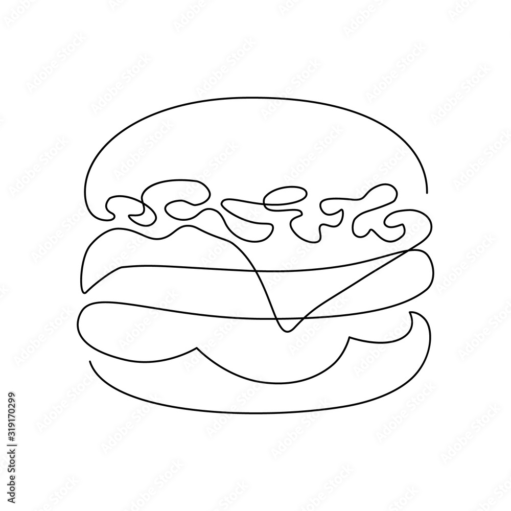 Burger in continuous line art drawing style. Hamburger minimalist black ...