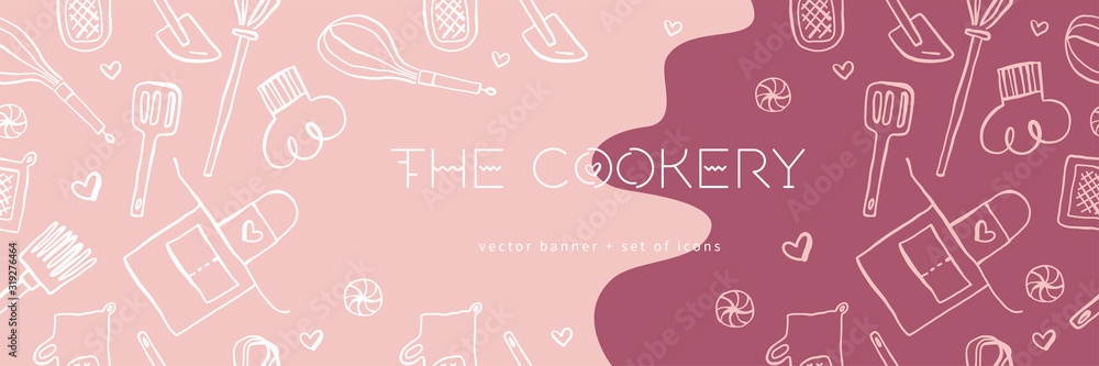 Cooking banners with hand drawing linear illustrations for restaurant ...