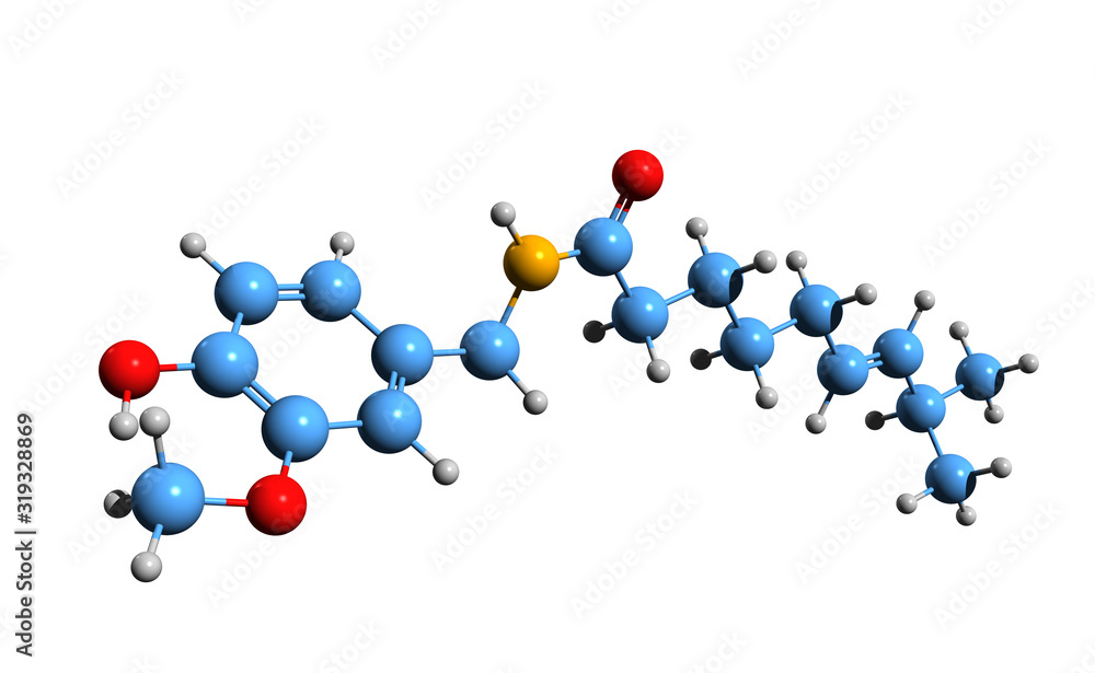 3D image of capsaicin skeletal formula - molecular chemical structure ...