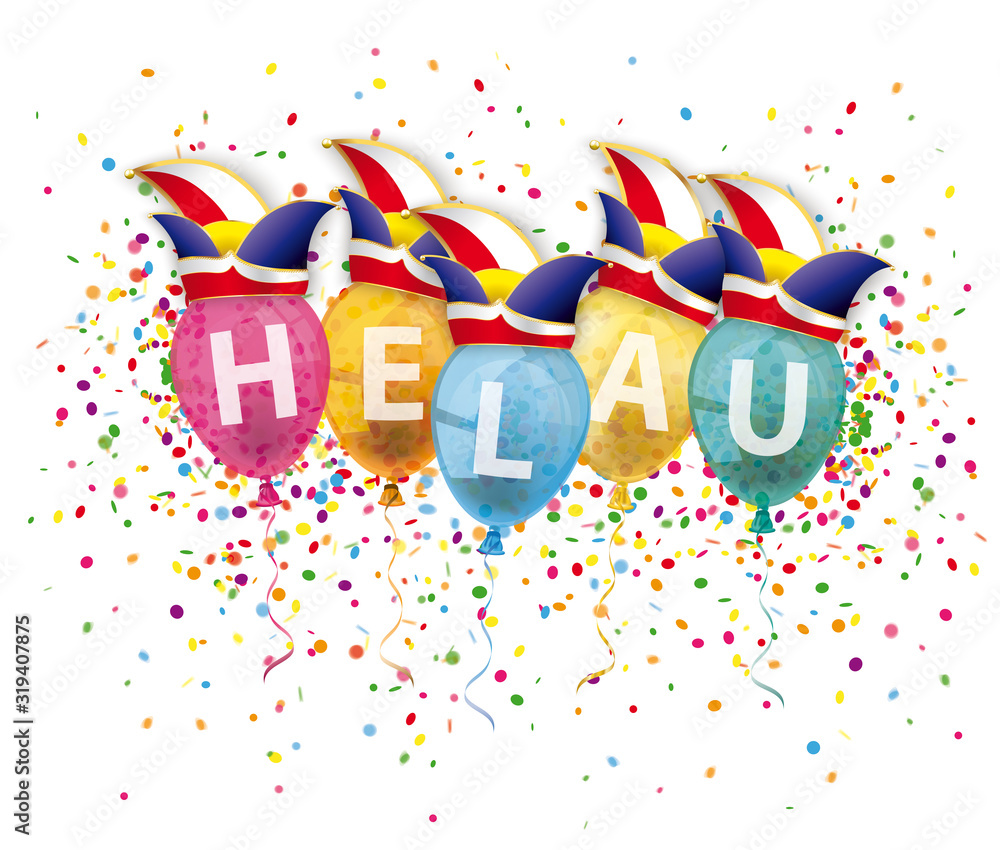 Narrenruf Helau, Luftballons mit Narrenkappen und Konfetti Stock Vector ...