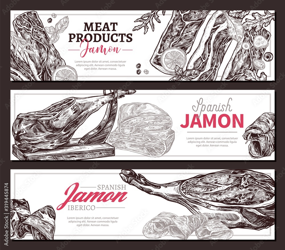 Horizontal banners set with natural farm meat products and spanish pork ...