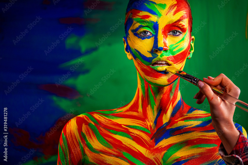 Color art face and body painting on woman for inspiration. Abstract ...