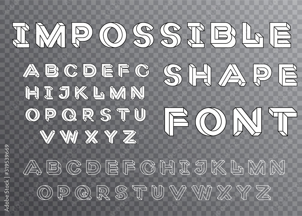 Impossible shape font design, alphabet letters and numbers vector ...