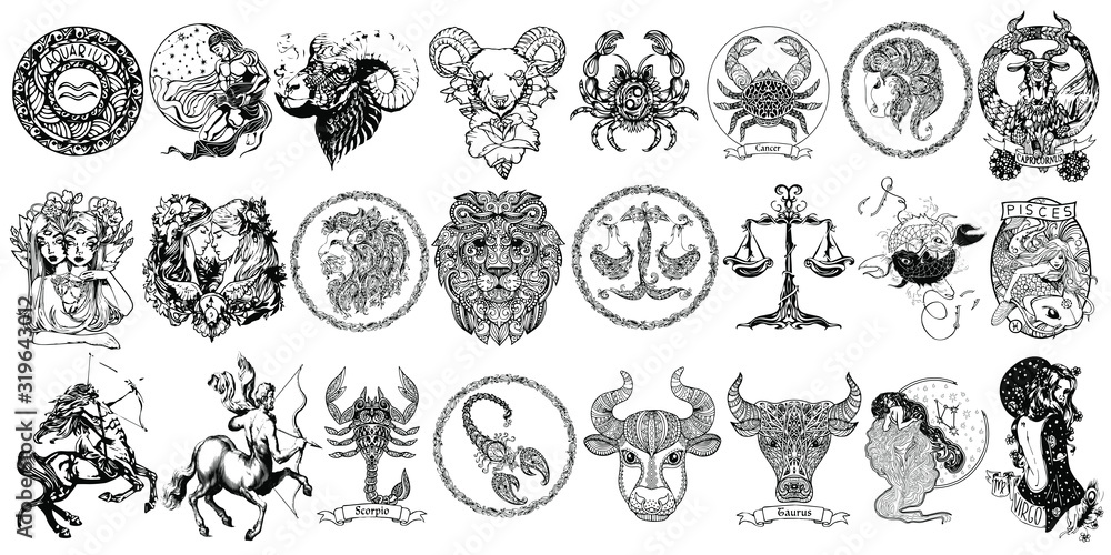 Zodiac signs. hand drawn vector isolated on a transparent background ...