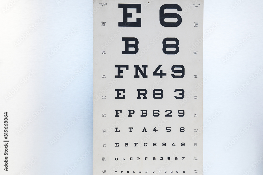 Tafel mit Buchstaben und Zahlen für einen Sehtest bei einem Arzt Stock ...