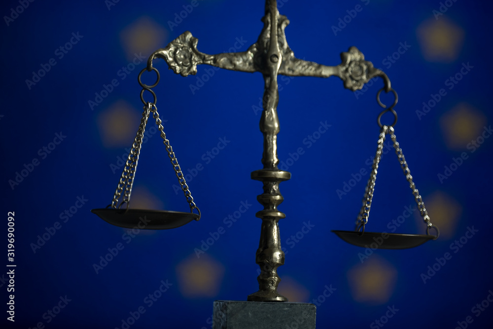 Law and Justice concept. UE flag background, place for typography ...