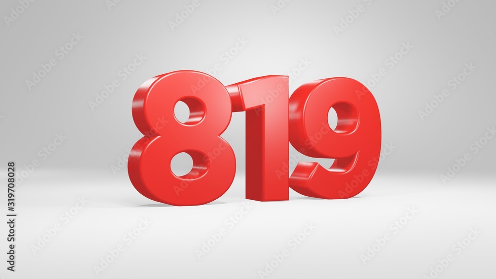 Number 819 in red on white background, isolated glossy number 3d render ...