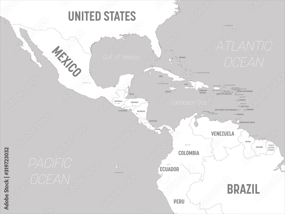 Central America map - white lands and grey water. High detailed ...