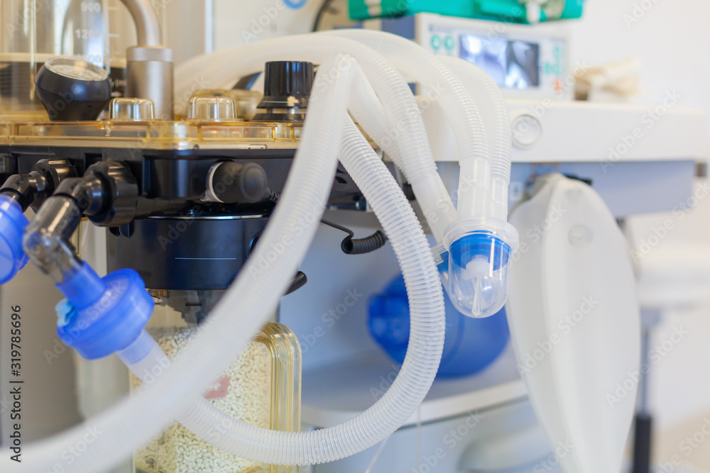 Hospital. Surgeon operates in the operating room. Lung ventilator and ...