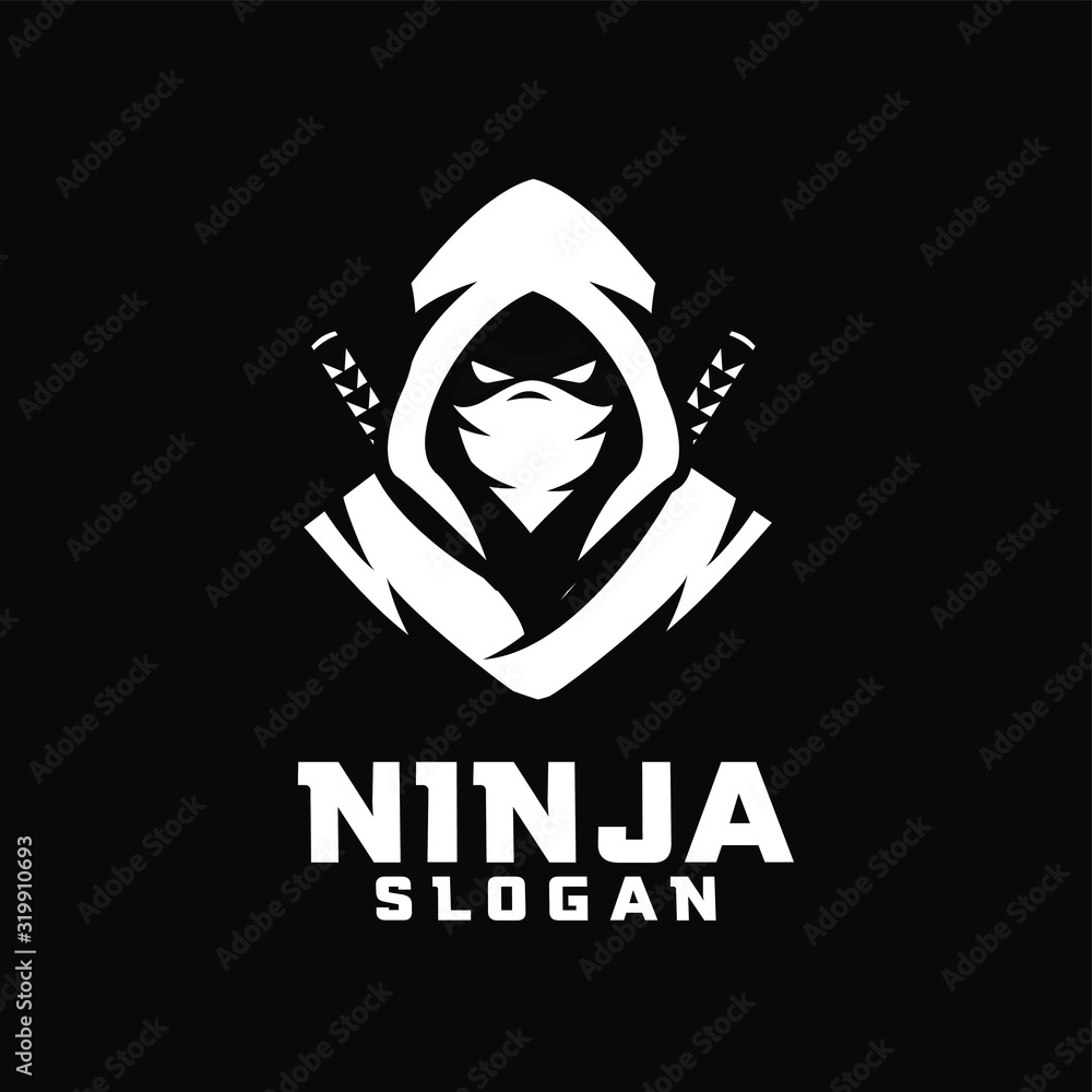 black white ninja character logo design cartoon Stock Vector | Adobe Stock