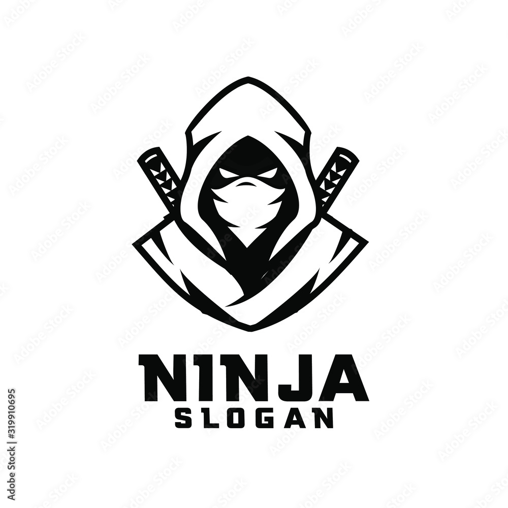 black white ninja character logo design cartoon Stock Vector | Adobe Stock