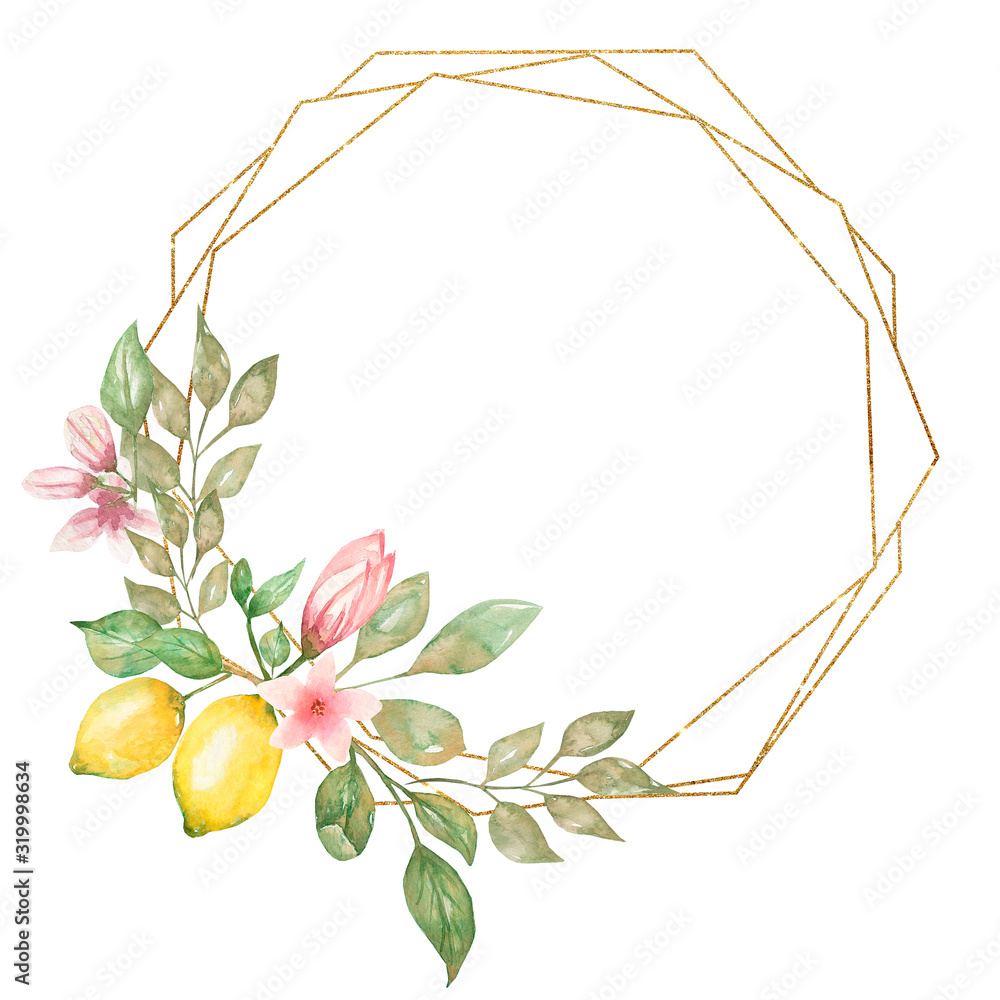 Watercolor Lemon Wreath Clipart. Golden Geometric Floral Frame, Spring ...
