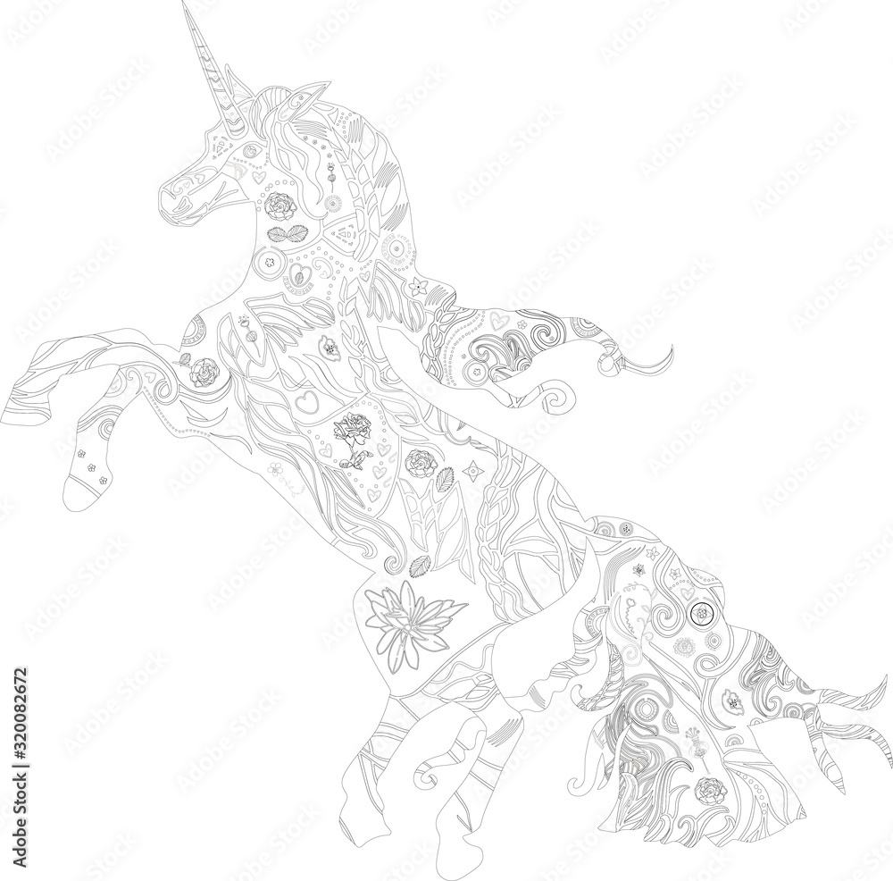 vector illustration of unicorn in style zentangle for coloring page on ...