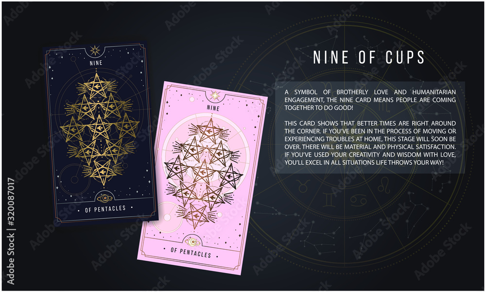 nine of the pentacle. Illustration of a golden occult symbol with ...