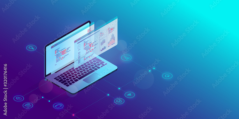 Software and web development. Isometric laptop computer with code and ...