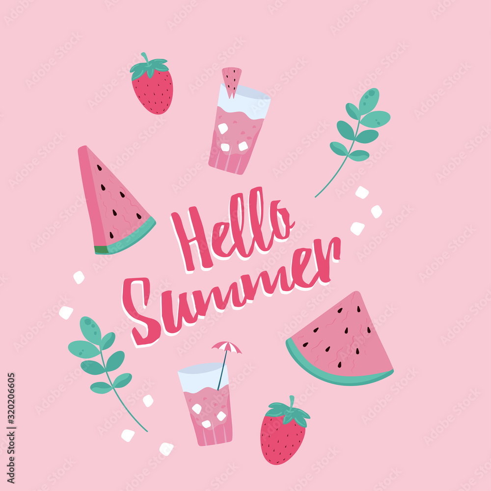 Hello summer typography banner, watermelon cocktail vector illustration ...