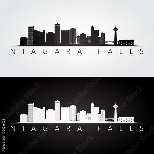 Niagara Falls skyline and landmarks silhouette, black and white design ...
