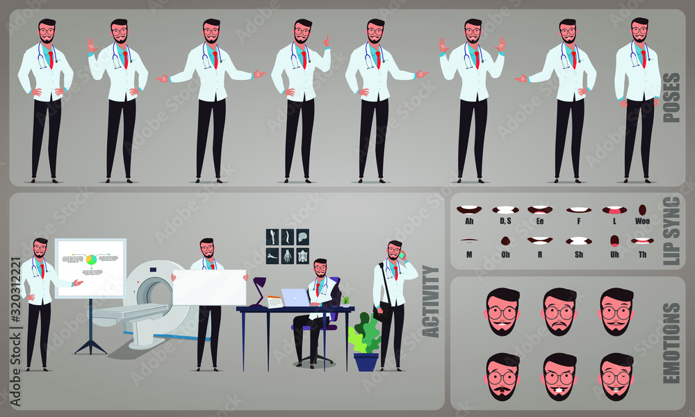 Flat Doctor character Set. Collection of character body Poses, facial ...