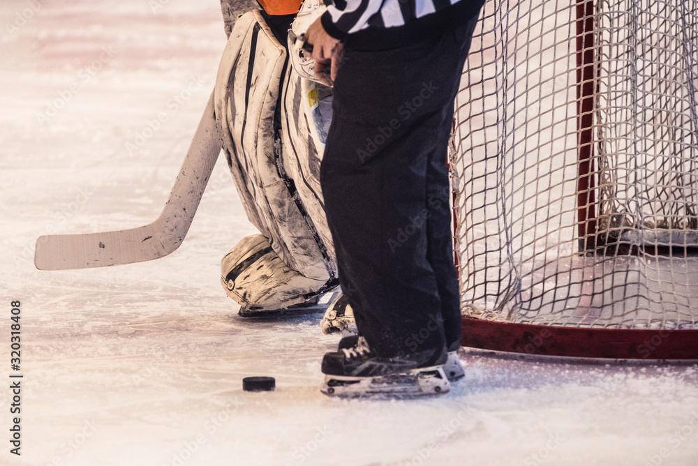 Ice hockey goalie standing next to the net with puck and referee Stock ...