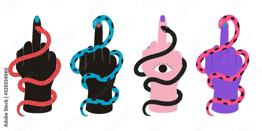 Vector illustration set with biting snakes and human hands. Stock ...