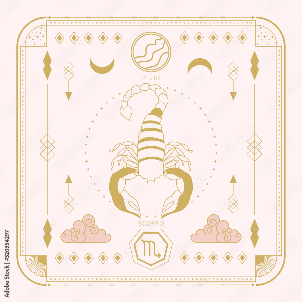 Zodiac sign - Scorpio and its planet ruler Pluto. Thin linear vector ...