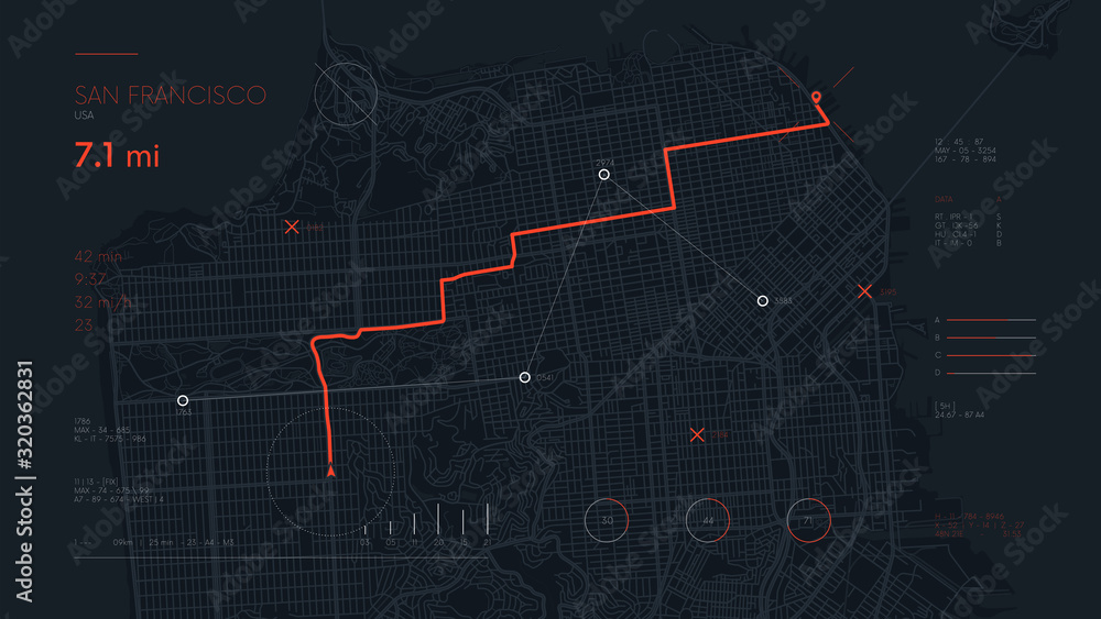 Futuristic navigate mapping technology dashboard GPS tracking map, showing movement and final ...