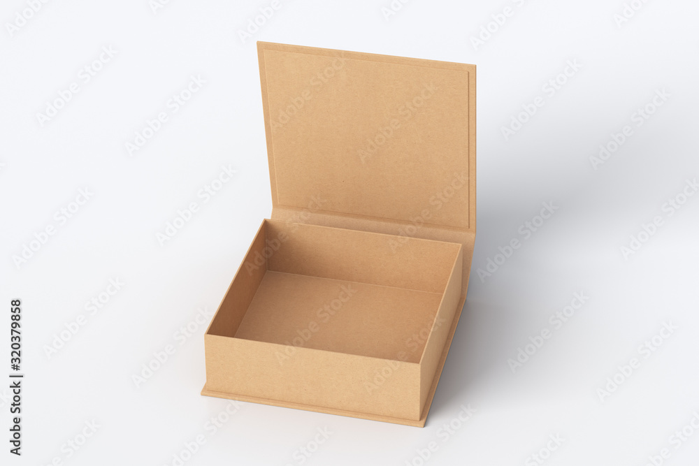 Blank cardboard flat square gift box with opened hinged flap lid on ...